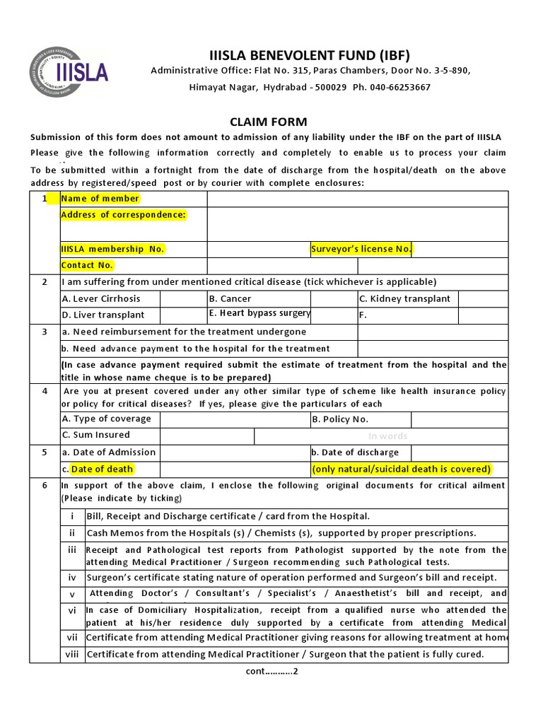 Iiisla Benevolent Fund (Ibf) : Claim Form | PDF | Physician | Pathology