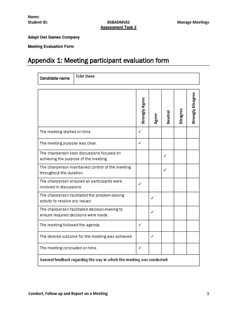 Meeting Evaluation Form BSBADM502 | PDF | Decision Making | Evaluation