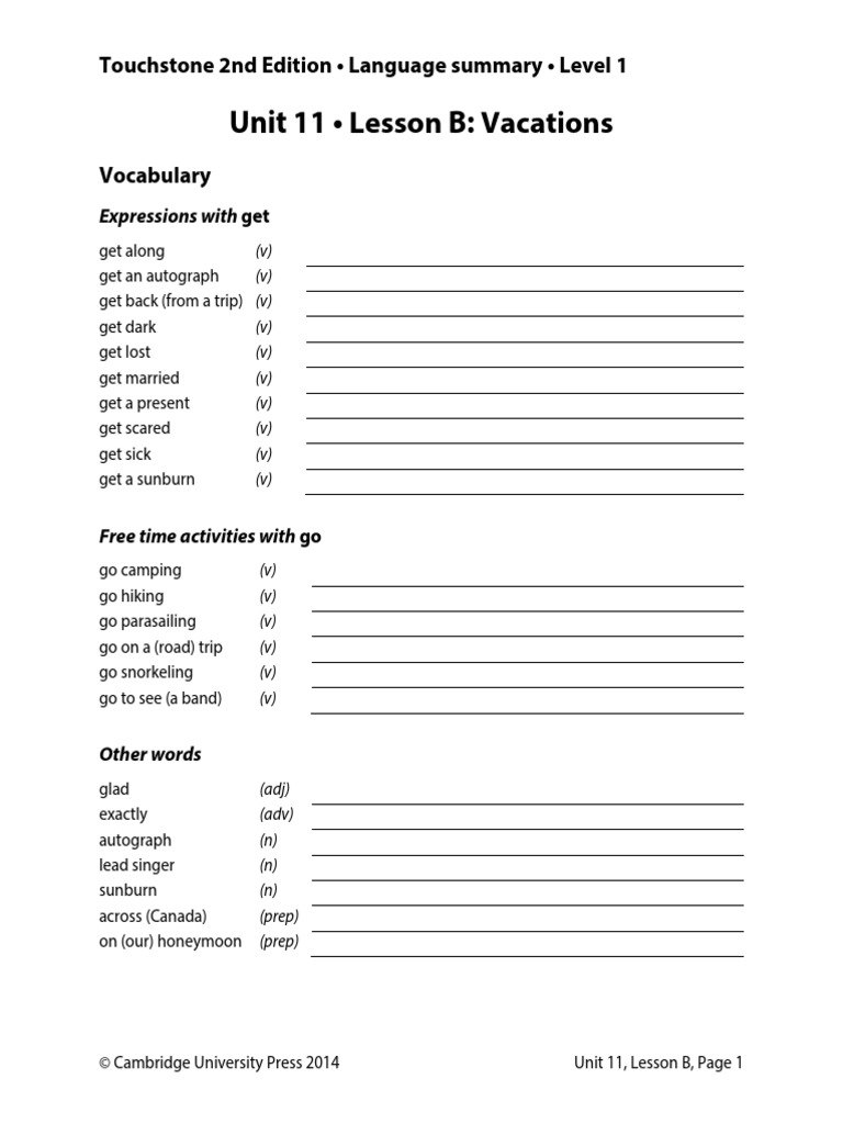 Unit 11 - Lesson B: Vacations: Touchstone 2nd Edition - Language Summary - Level 1 | PDF