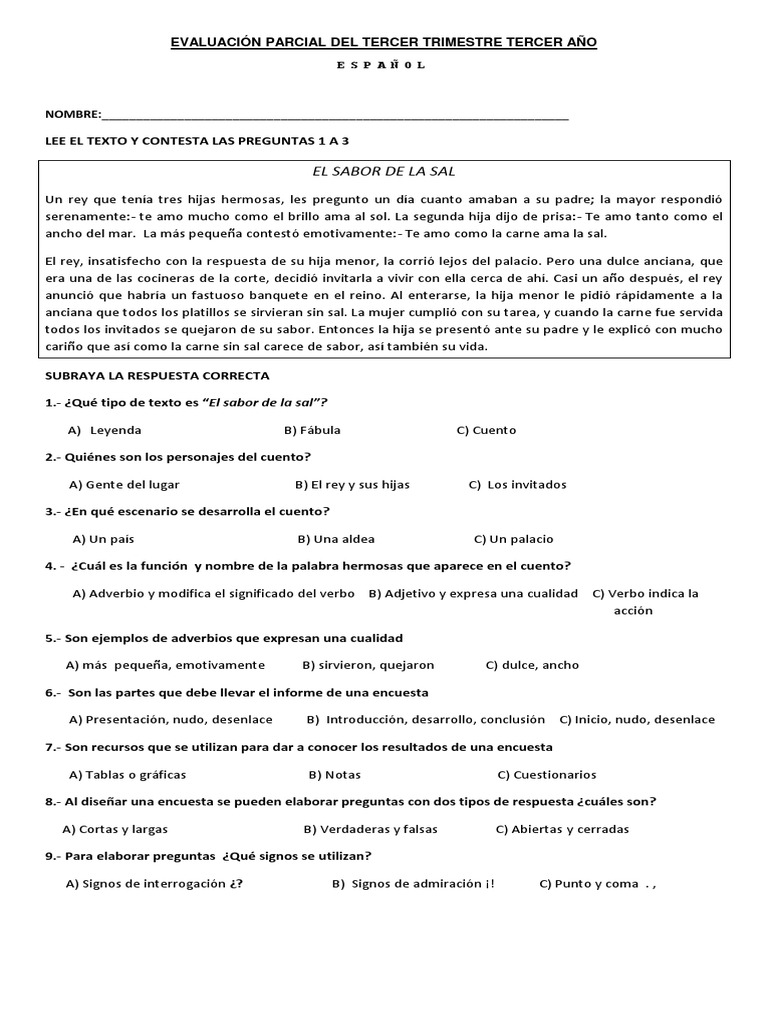 Evaluación de Español Tercer Grado | PDF | Adverbio | Idiomas