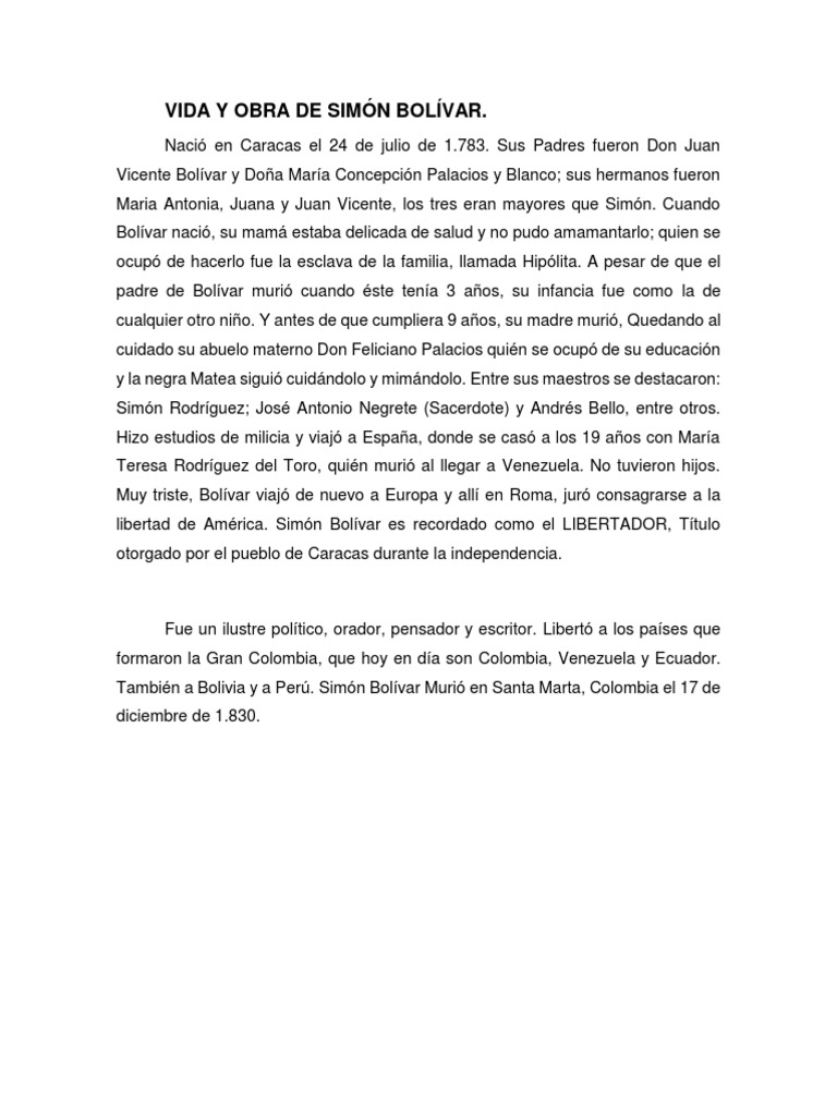 Vida y Obra de Simón Bolívar | PDF