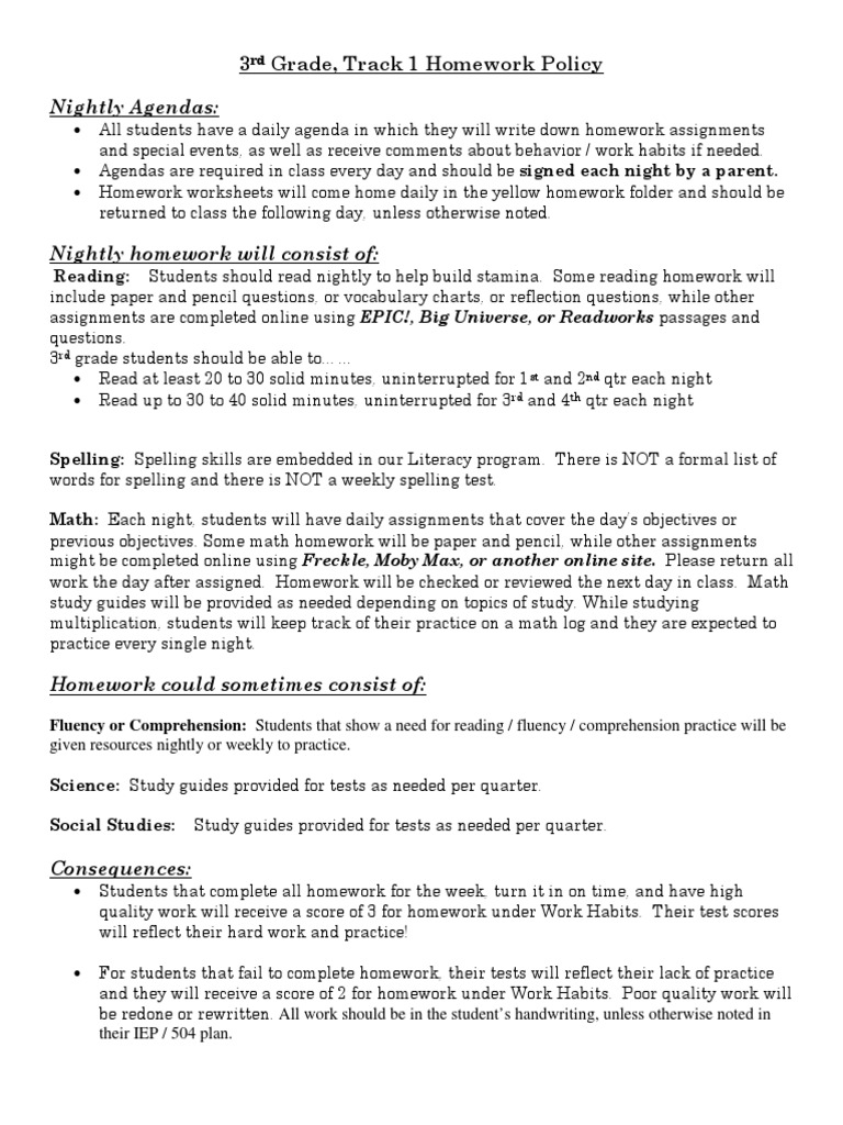 3rd Grade TR 1 Homework Policy | PDF | Homework | Reading Comprehension