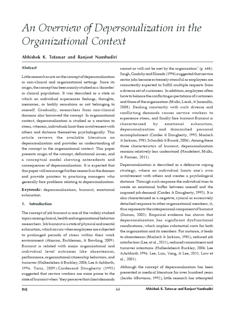 An Overview of Depersonalization in The | PDF | Occupational Burnout ...