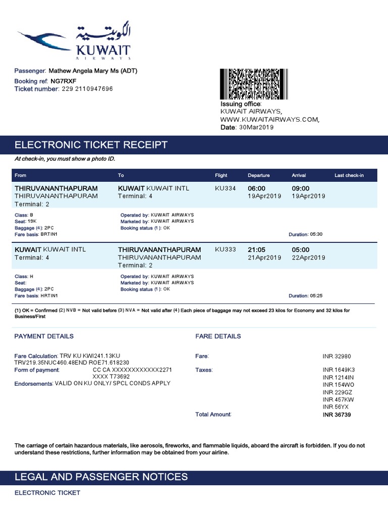 Electronic Ticket Receipt:: Mathew Angela Mary Ms (ADT) : Ng7Rxf | PDF ...