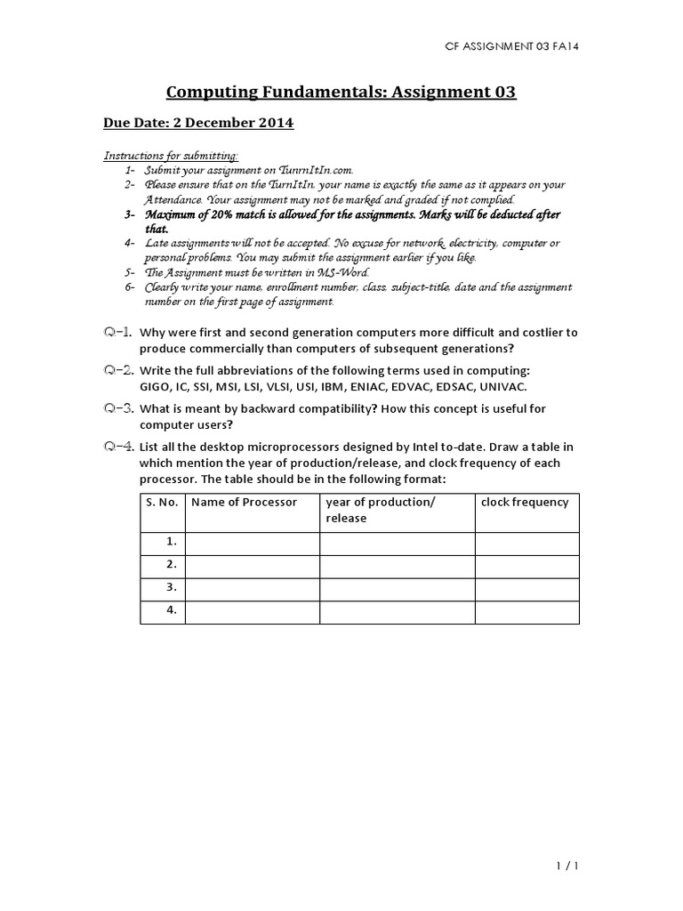 Computing Fundamentals: Assignment 03: Due Date: 2 December 2014 | PDF