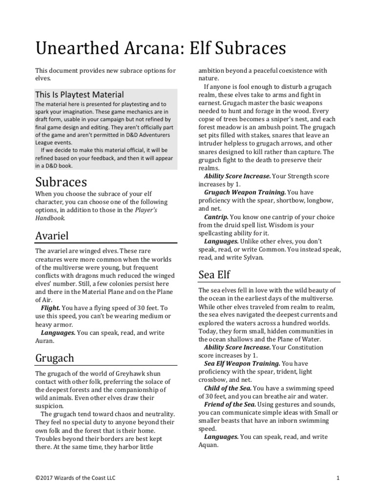 Unearthed Arcana, Elf Subraces PDF | PDF | Elf (Dungeons & Dragons ...