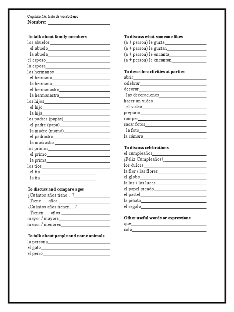 CHP 5A Lista de Vocabulario | PDF | Padre e hijo | Familia