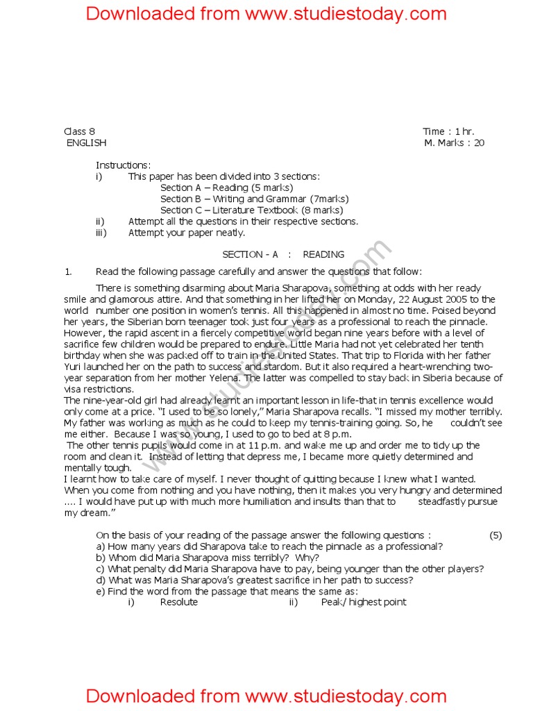 Class 8 English Sample Paper with Answers | PDF