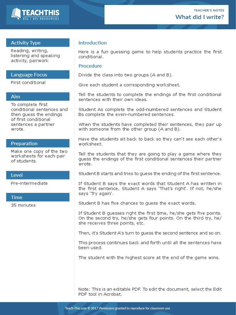Pre-Intermediate - Unit 11 - First Conditional Communicative Activity ...