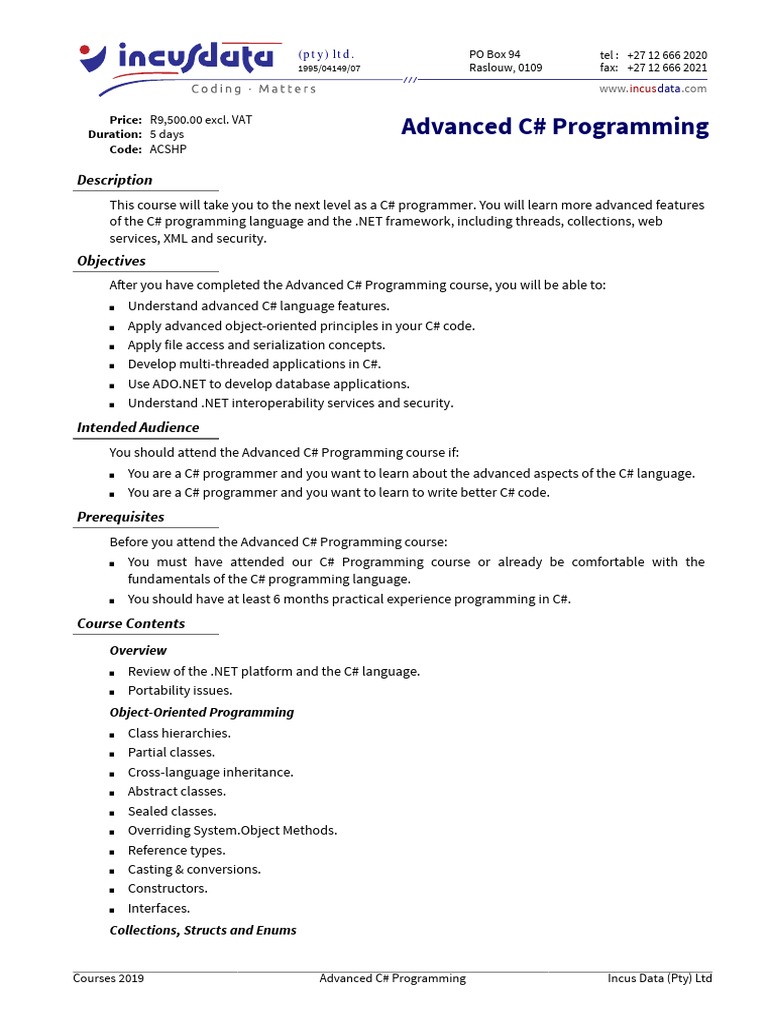 Advanced Csharp Programming Course Outline | PDF | C Sharp (Programming ... Advanced Csharp Programming Course Outline | PDF | C Sharp (Programming ...