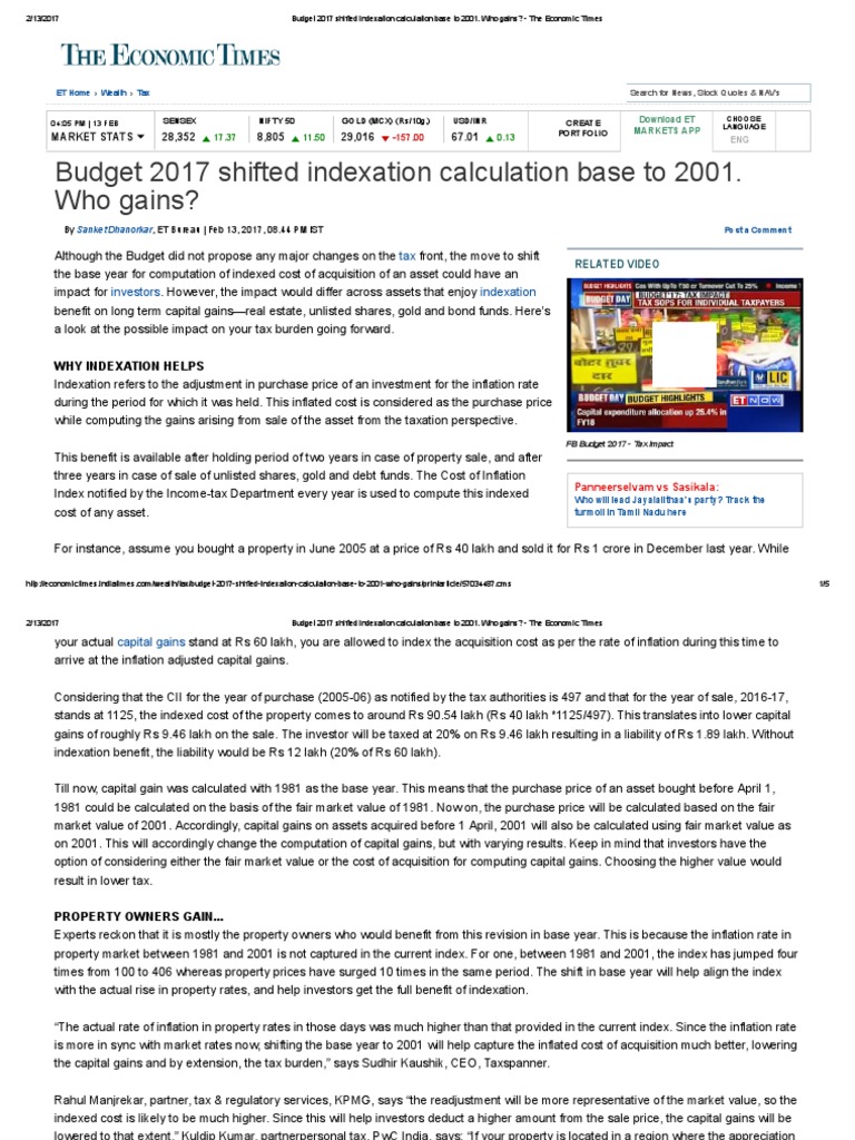 Budget 2017 Shifted Indexation Calculation Base To 2001 | PDF | Capital ...