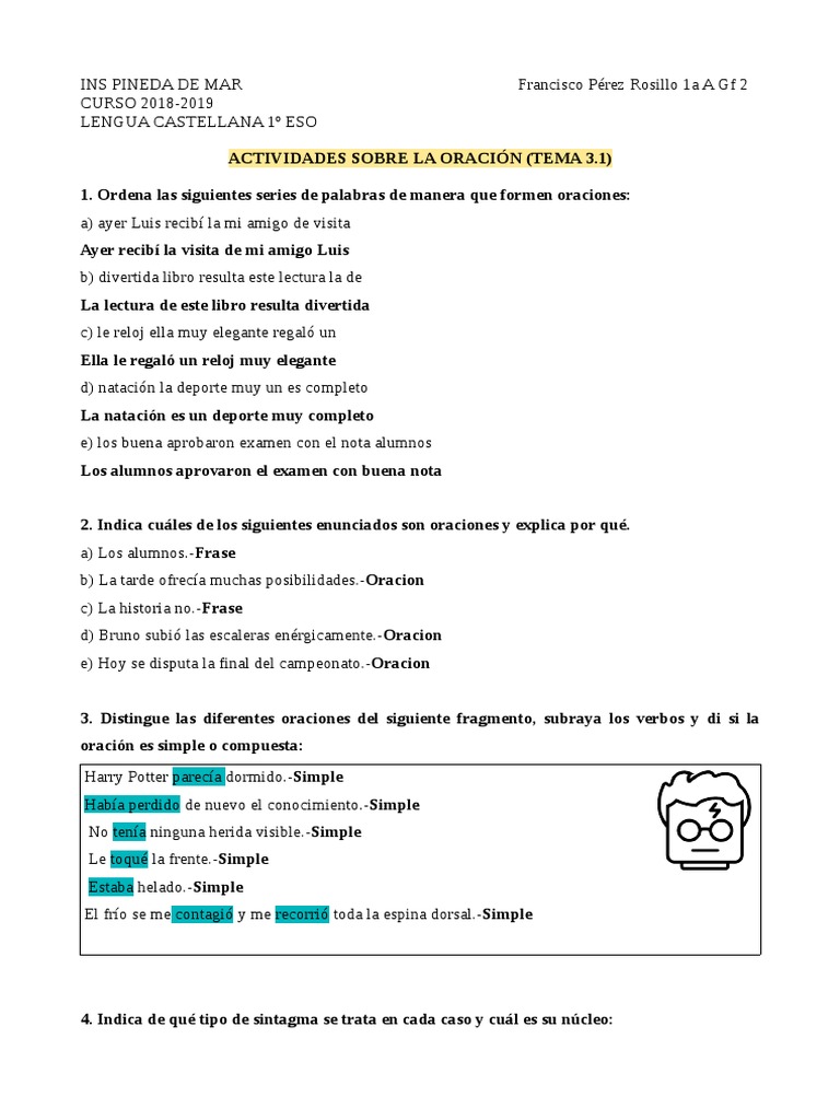 Actividades de Oración para 1º ESO | PDF | Oración (Lingüística ...