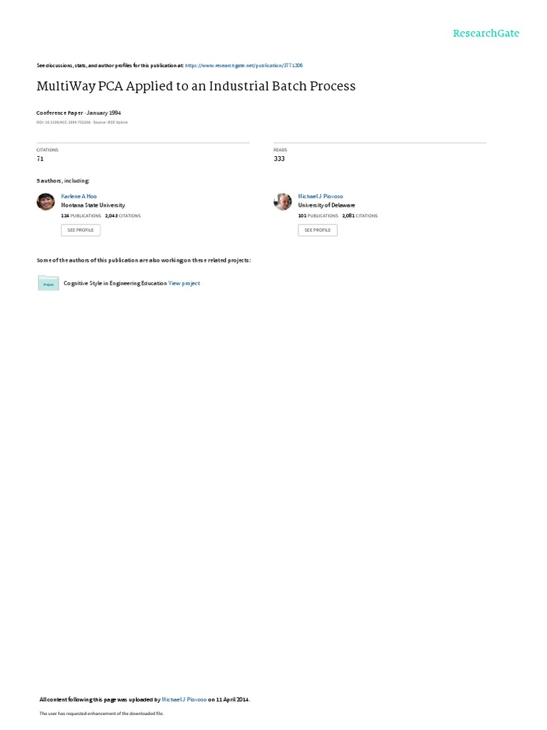 Multiway Pca Applied To An Industrial Batch Process: January 1994 | PDF | Principal Component ...