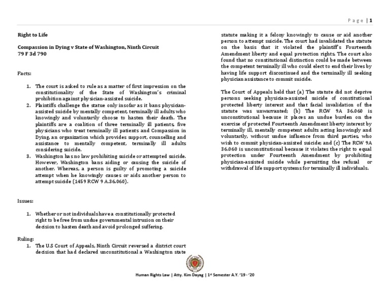 Compassion in Dying V Washington | PDF | Terminal Illness | Fourteenth ...