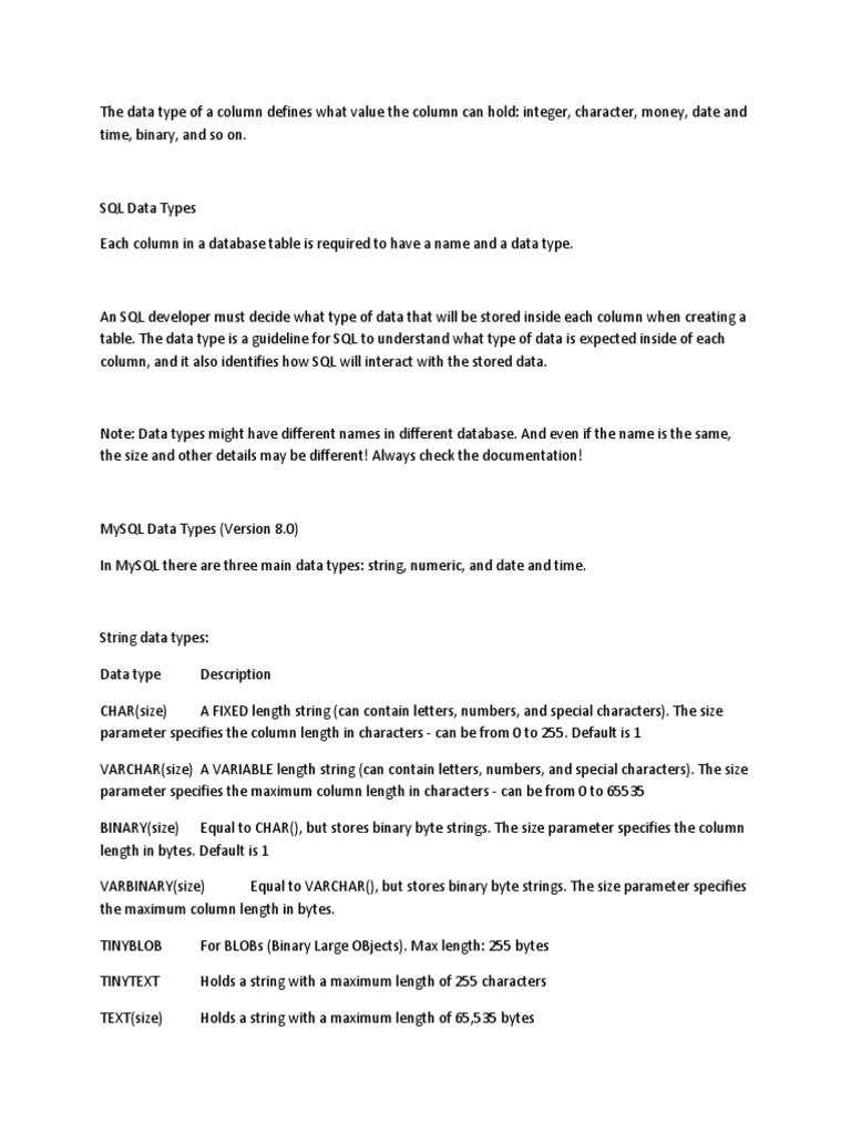 SQL Datatype | PDF | Integer (Computer Science) | String (Computer Science)