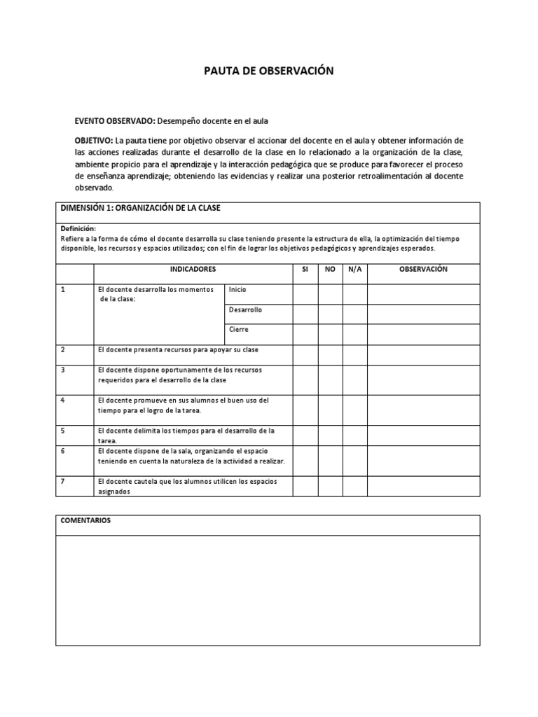 Pauta Observacion de Clases | PDF | Salón de clases | Maestros