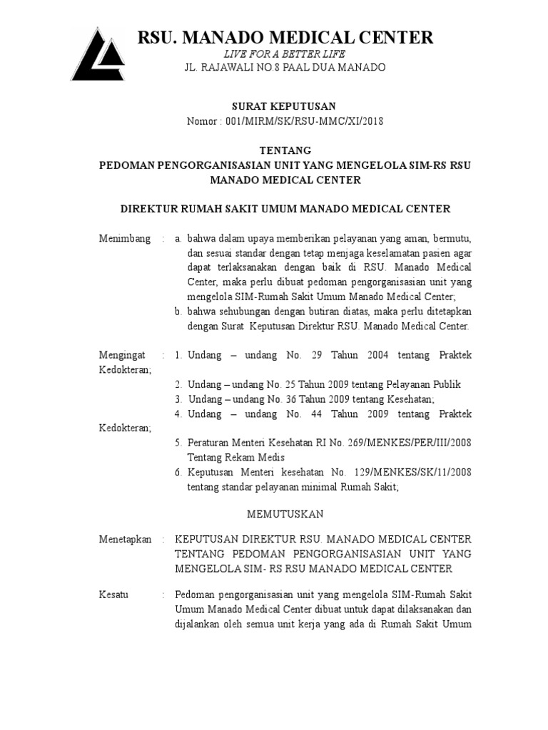SK - Pedoman Pengorganisasian Unit Yang Mengelola SIM-RS RSU MMC | PDF ...