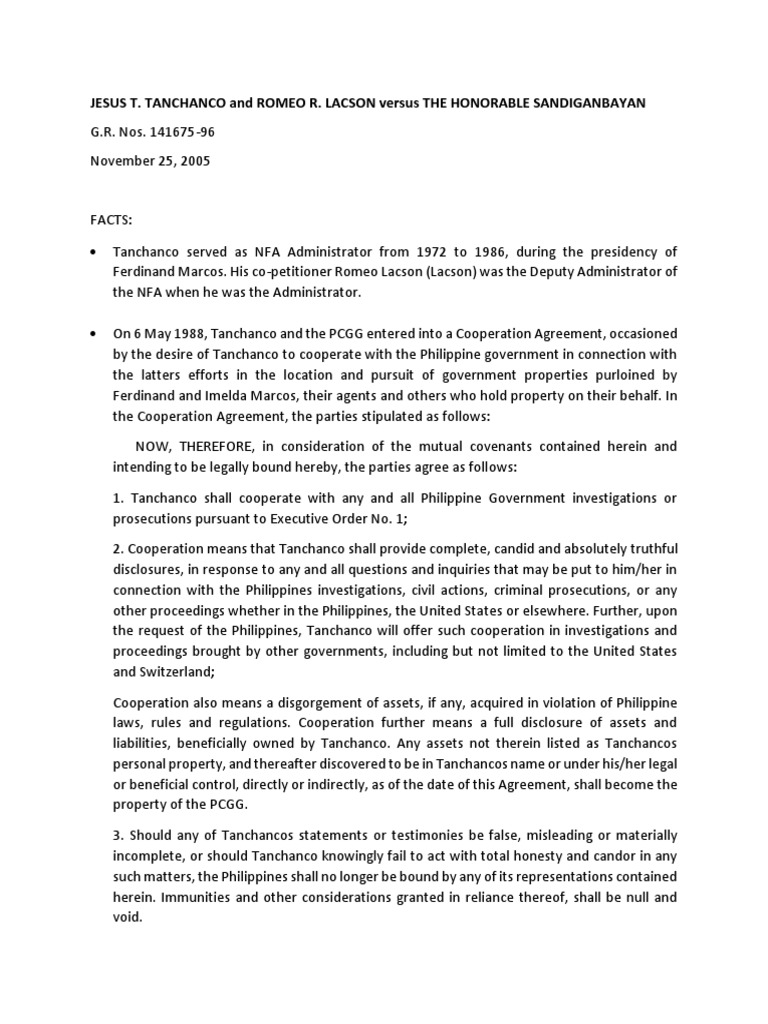 Tanchanco vs. Sandiganbayan: Immunity Case | PDF | Sovereign Immunity ...