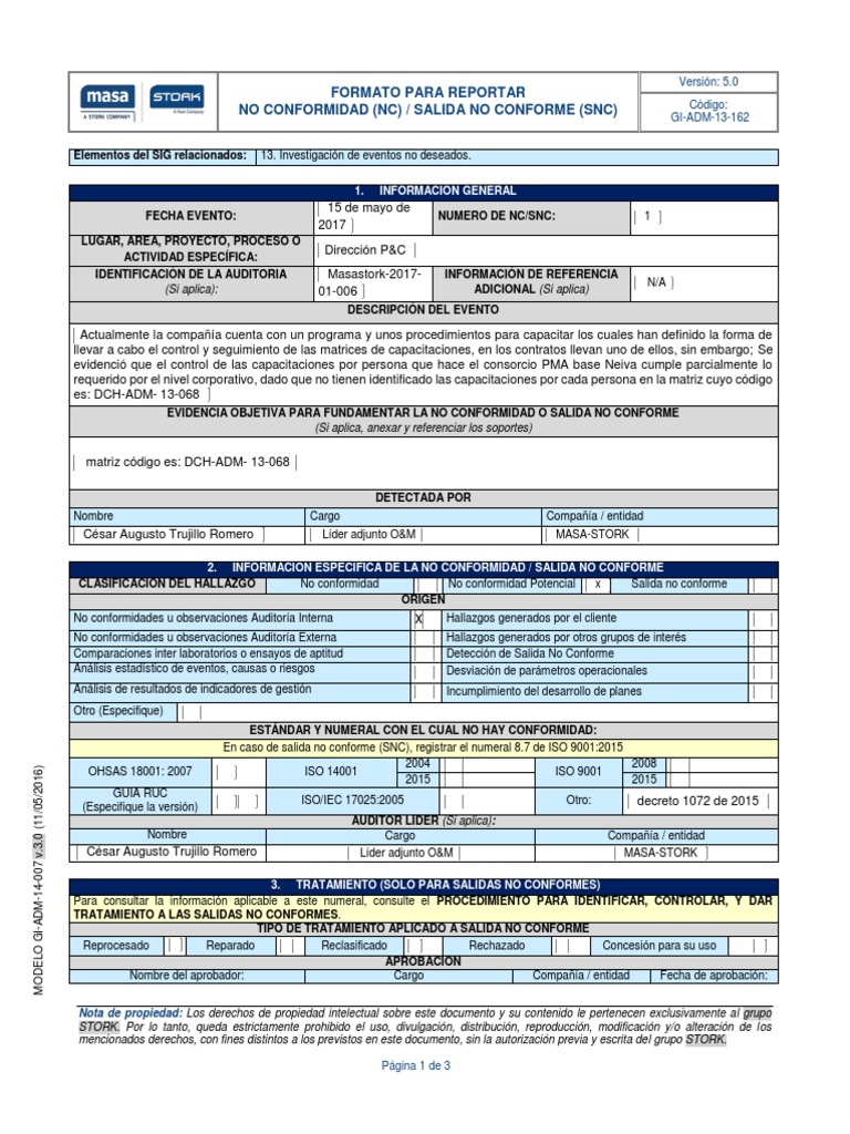Formato De Reporte De No Conformidad Pdf Matriz Matemáticas