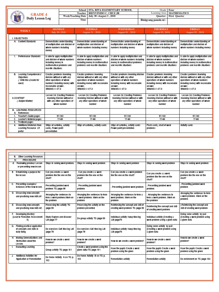 Grade 4 Math Lesson Plan: Division | PDF | Rhythm | Cognition