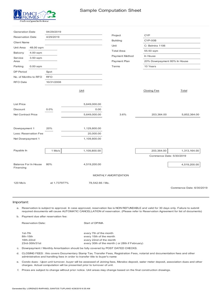 Sample Computation Sheet: Important | PDF | Fee | Payments