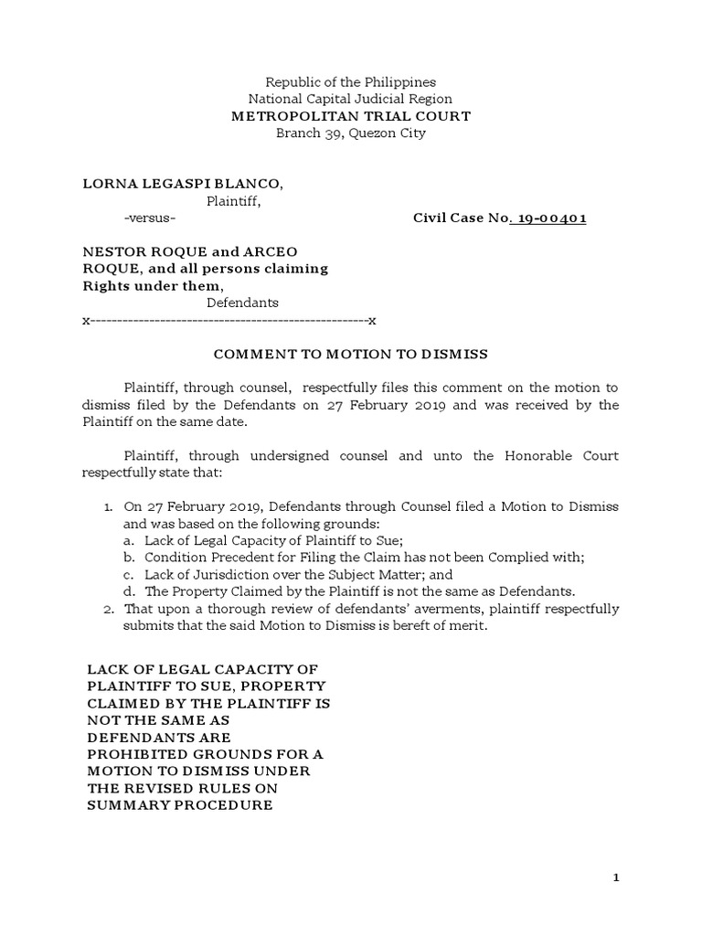 Comment On Motion To Dismiss | PDF | Pleading | Complaint