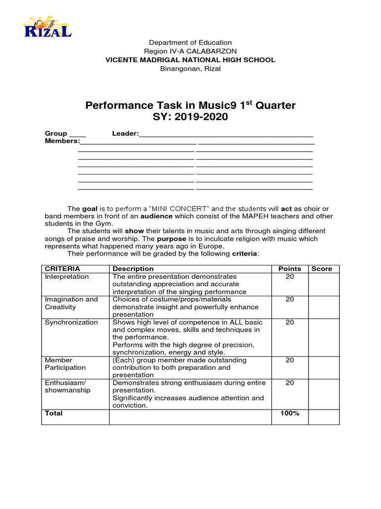 Grade 9 Music Performance Task 1st Qtr | PDF