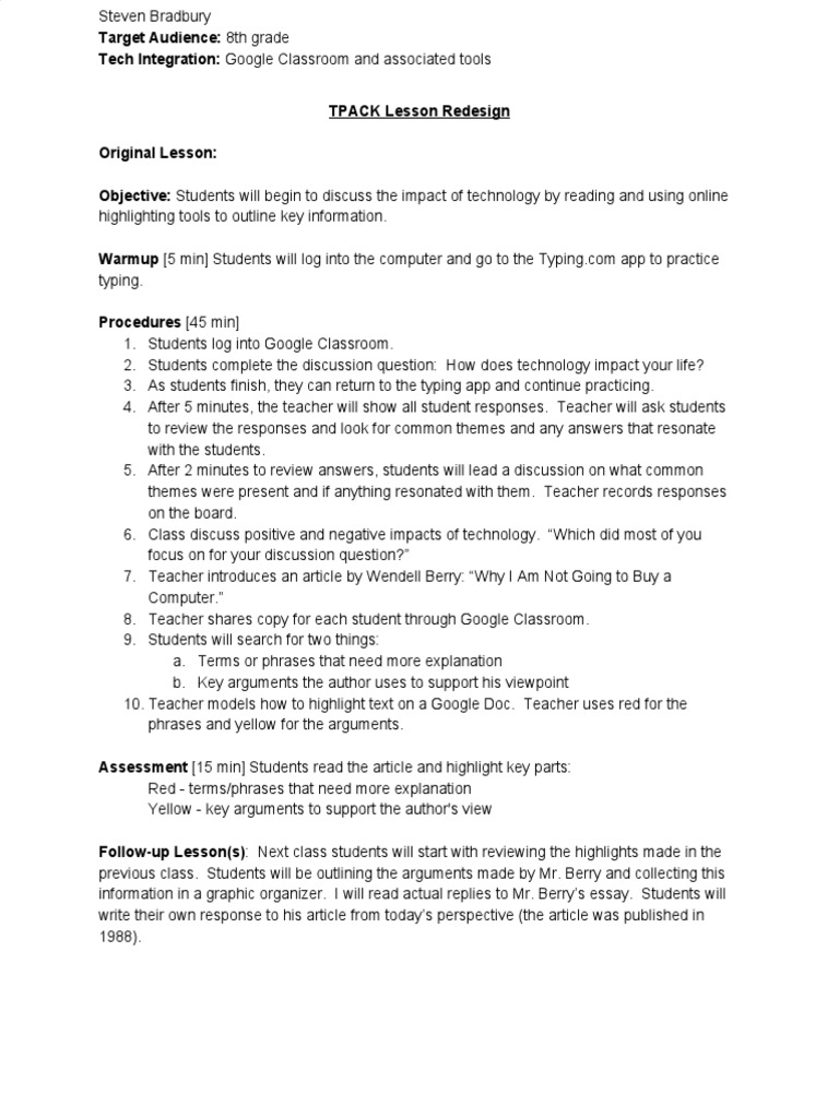 Tpack Lesson Redesign | PDF | Classroom | Question