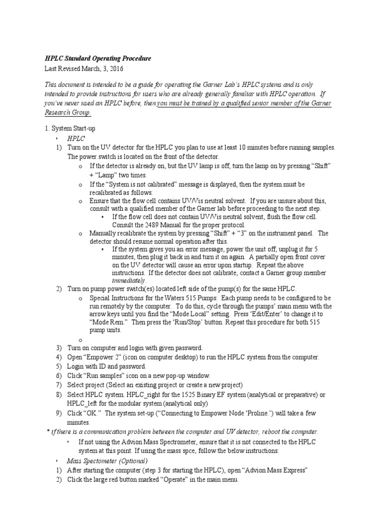HPLC SOP Guide for Garner Lab | PDF | High Performance Liquid ...