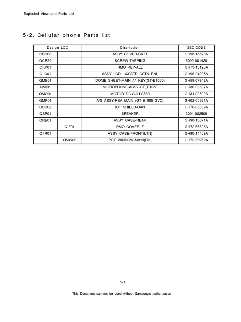 5-2. Cellular Phone Parts List: Design LOC Discription Sec Code | PDF
