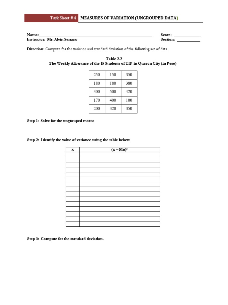 Measures of Variation (Ungrouped Data: Task Sheet # 4 | PDF
