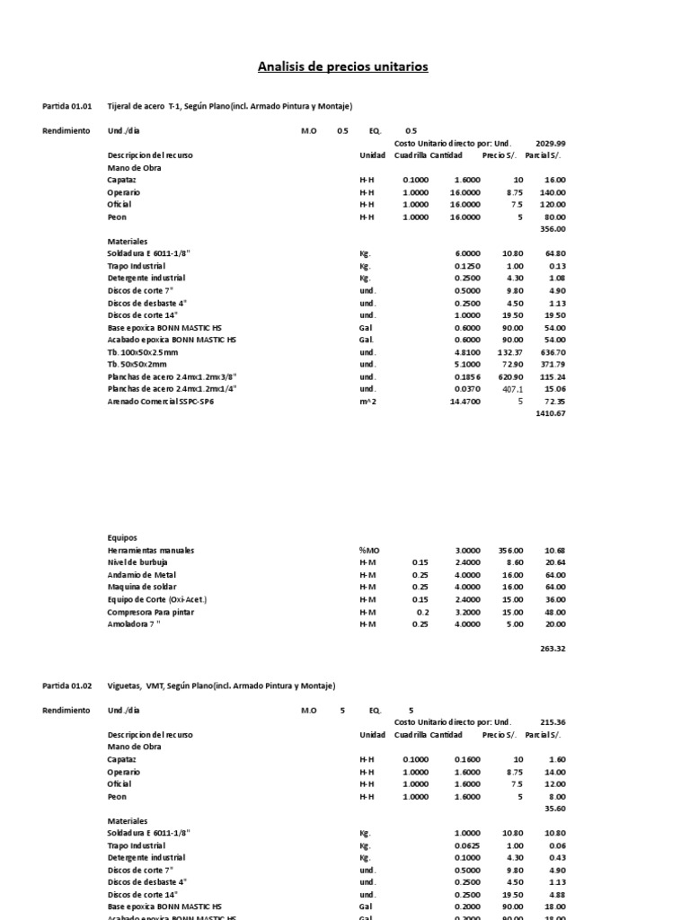 Analisis de precios unitarios.xlsx | Acero | Procesos industriales
