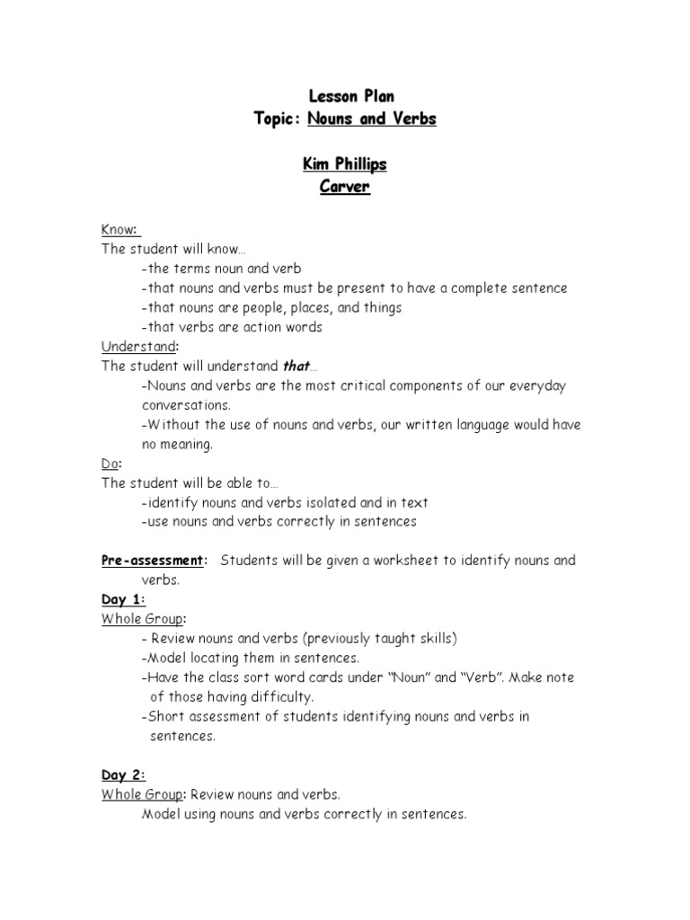 Lesson Plan Topic: Nouns and Verbs Kim Phillips Carver | Download Free ...