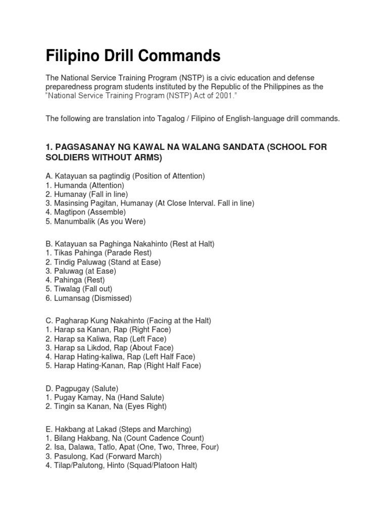 Filipino Drill Commands | PDF | Military Sociology | Military Life