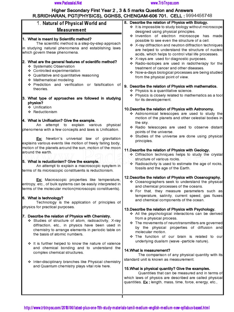 11th Physics Lesson 1 To 5 Question and Answer Study Material English ...