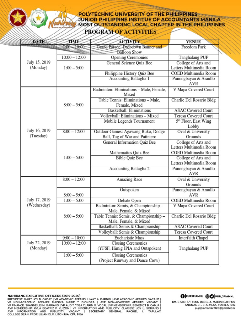 Program of Activities: Date Time Activity Venue | PDF | Olympic Sports ...