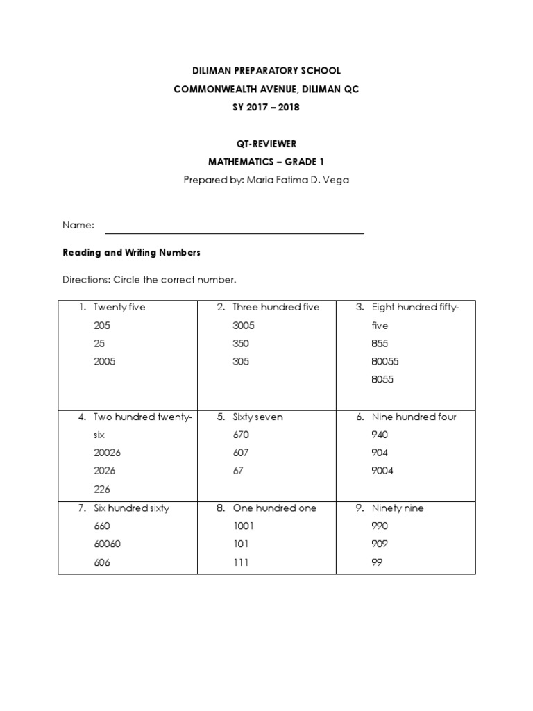 Mathematics Grade 1 Workbook: Reading and Writing Numbers, Place Value ...