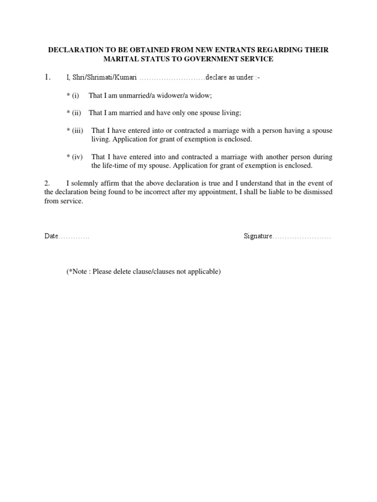 Declaration To Be Obtained From New Entrants Regarding Their Marital ...