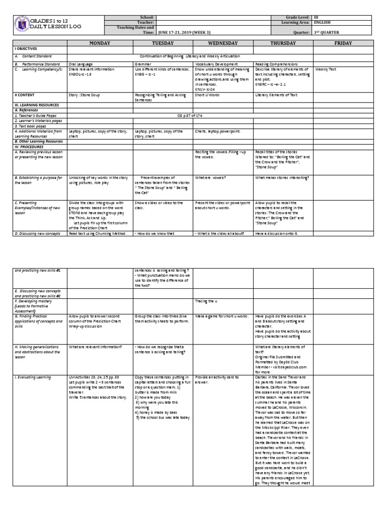 Weekly English Lesson Plan for Third Grade Students Focusing on Oral ...
