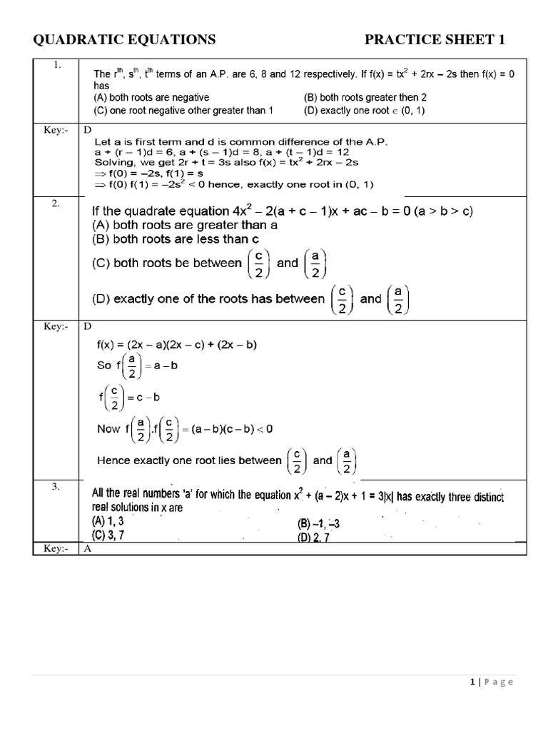 Quadratic Equations Quadratic Equations Prac Ctice Sheet 1 | PDF
