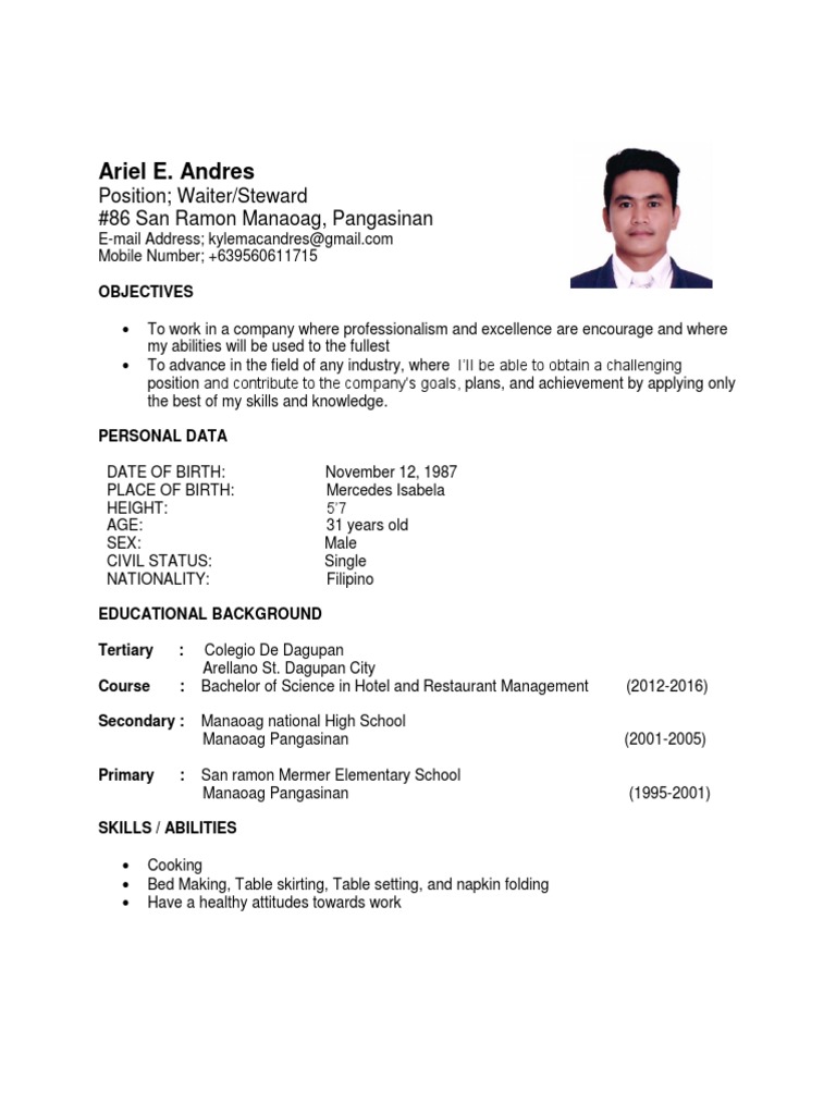 Resume of Ariel E. Andres Seeking a Position in the Food Service ...