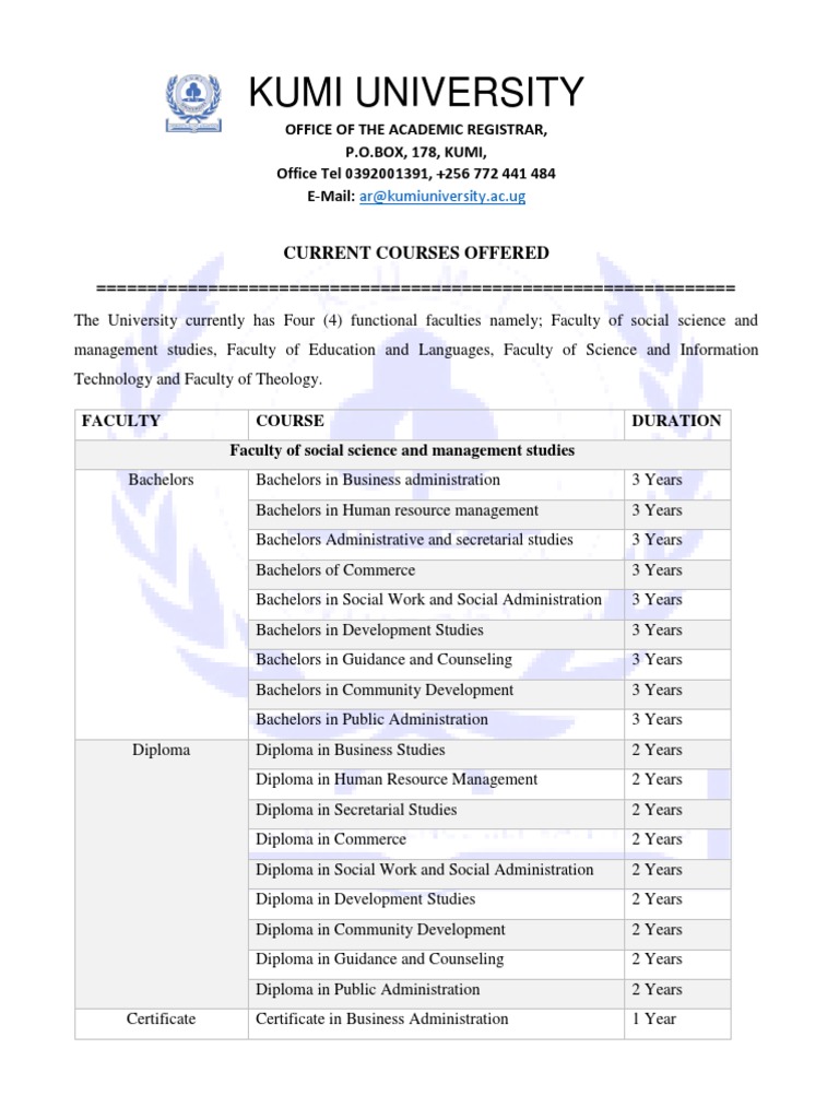 Kumi University Courses Offered 2017 2018 | PDF | Academic Certificate ...