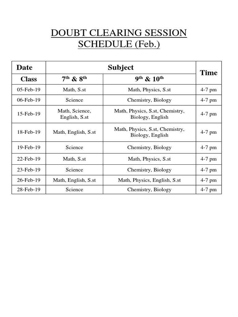 Doubt Clearing Session SCHEDULE (Feb.) : Date Subject Time | PDF