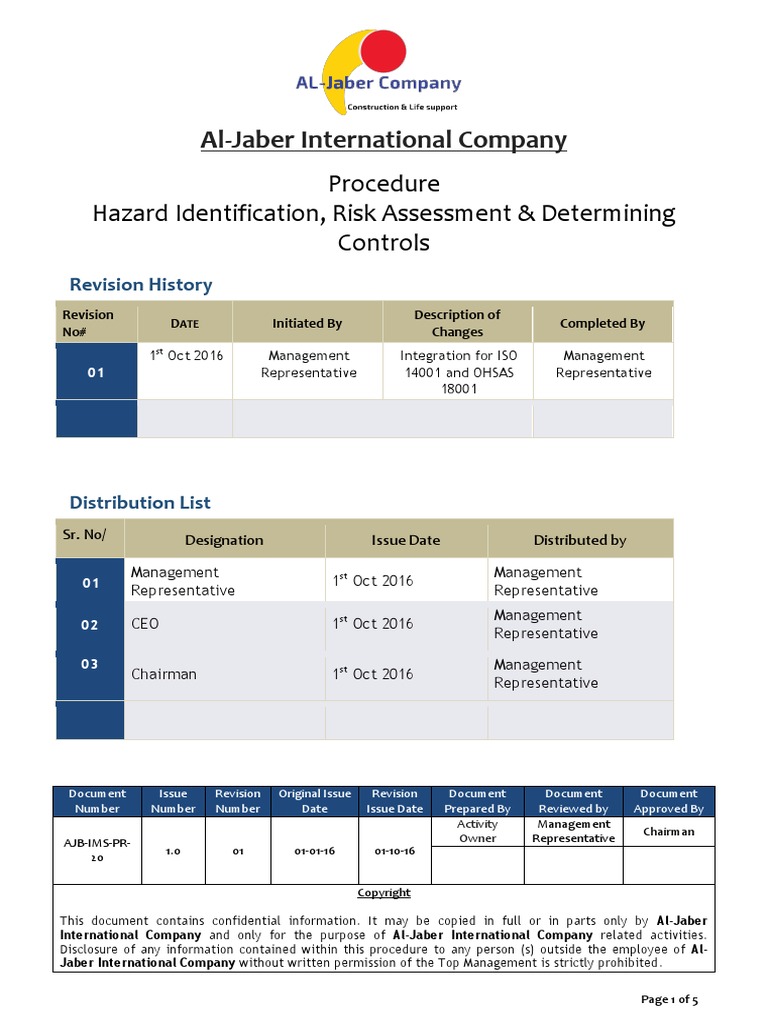 Al-Jaber International Company: Procedure Hazard Identification, Risk ...
