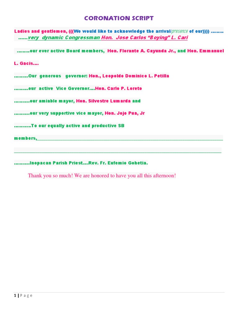 Coronation Script - Miss Conalum 2017 | PDF | Cebu | Philippines