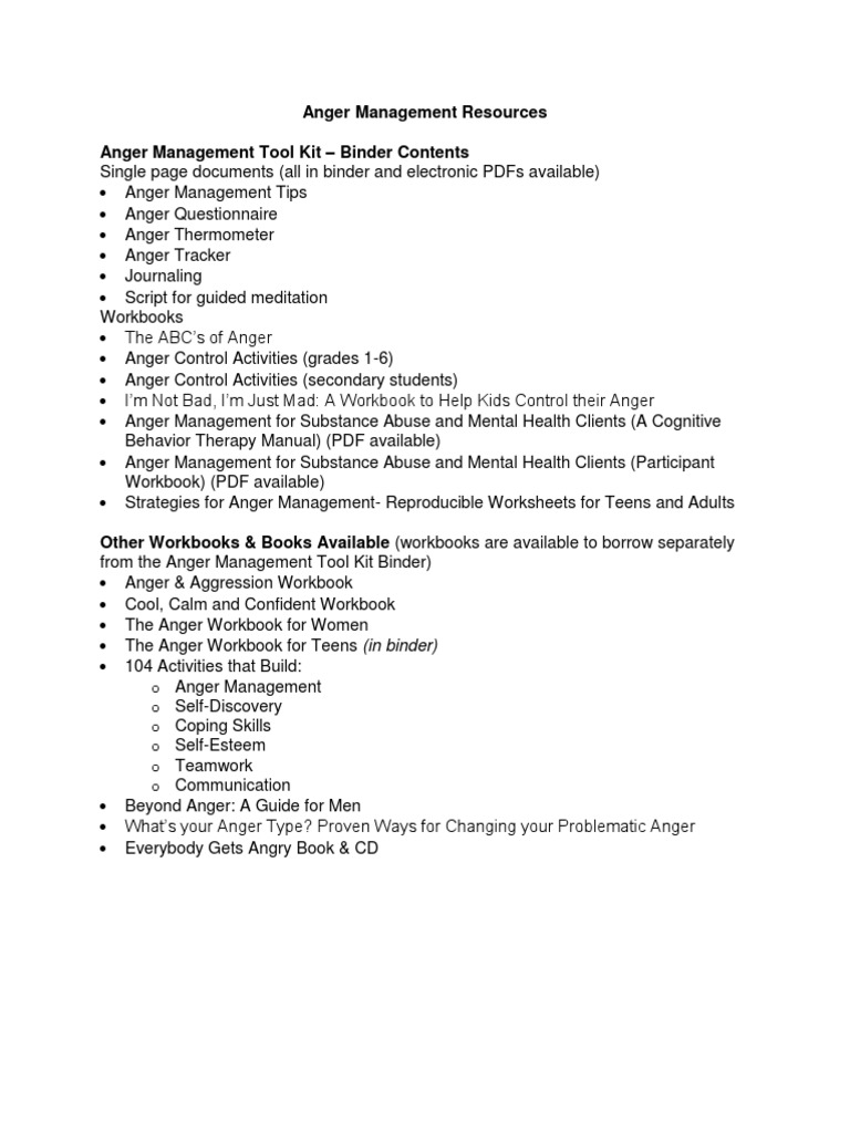 Anger Management Resources Anger Management Tool Kit - Binder Contents ...