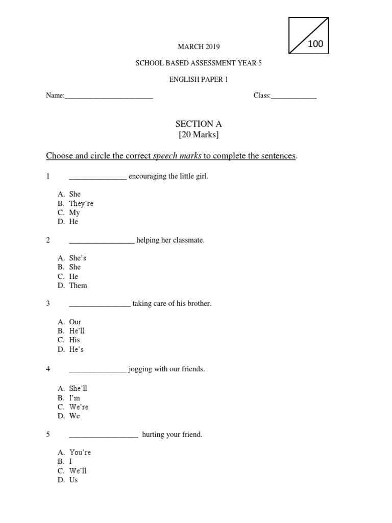 English Year 5 (Paper 1) | PDF | Question