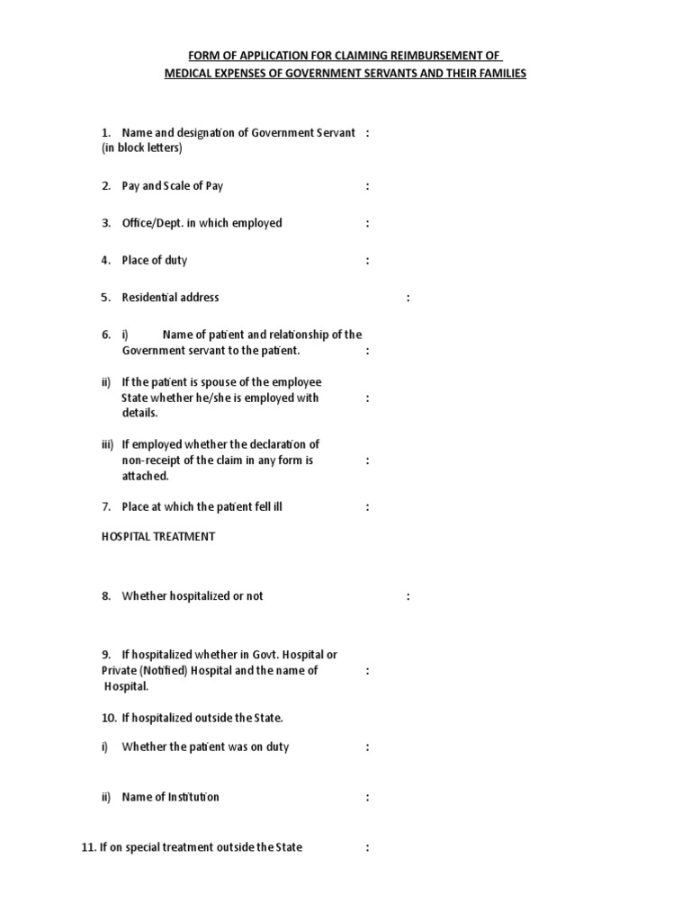 Form of Application For Claiming Reimbursement of Medical Expenses of ...