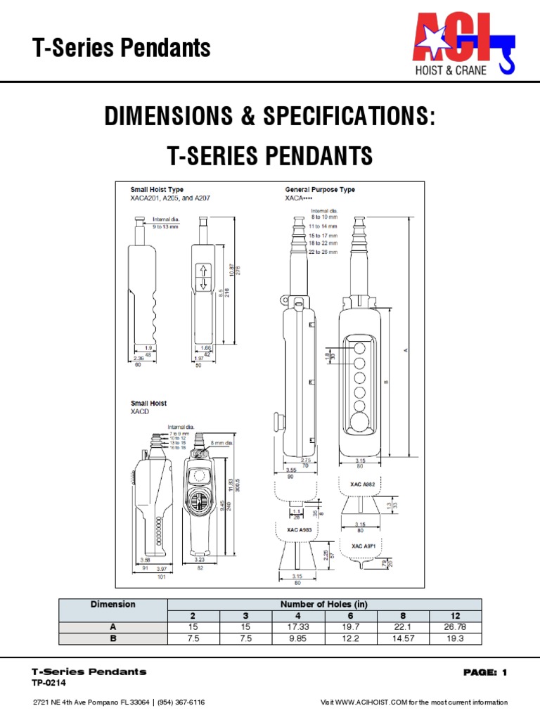 T-Series Pendant Dimensional Specifications and Hole Configurations | PDF