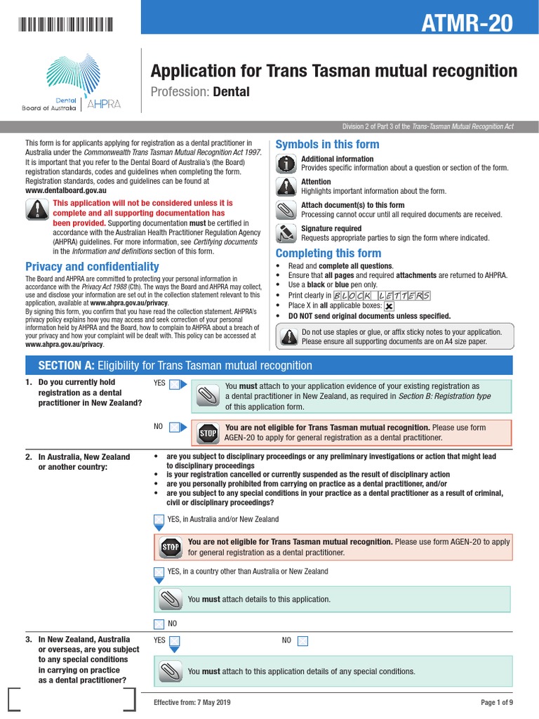 Dental Board Form Application For Trans Tasman Mutual Recognition ATMR ...